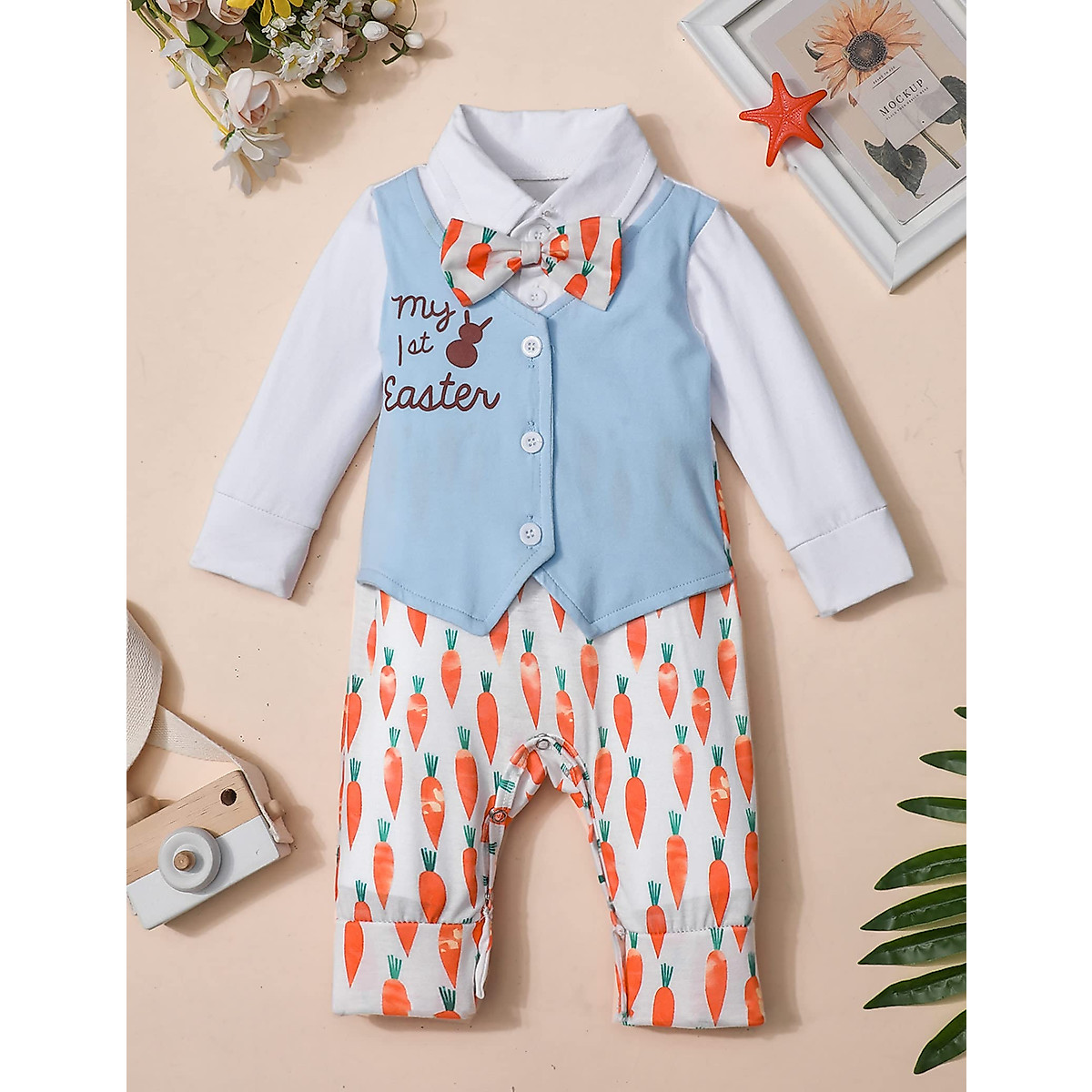 Aulyffo My First Easter Baby Boy Outfit 9-12 Months Baby Boy Easter Outfit Long Sleeve Bunny Romper Radish One Piece Jumpsuit with Bow Tie Easter Outfit Baby Boy Clothes