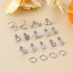 IRONBOX 18 Pcs 16G Cartilage Earrings Studs for Women Men Surgical Steel Tragus Couch Helix Piercing Jewelry Opal Flower Leaf CZ Cartilage Helix Earrings Silver