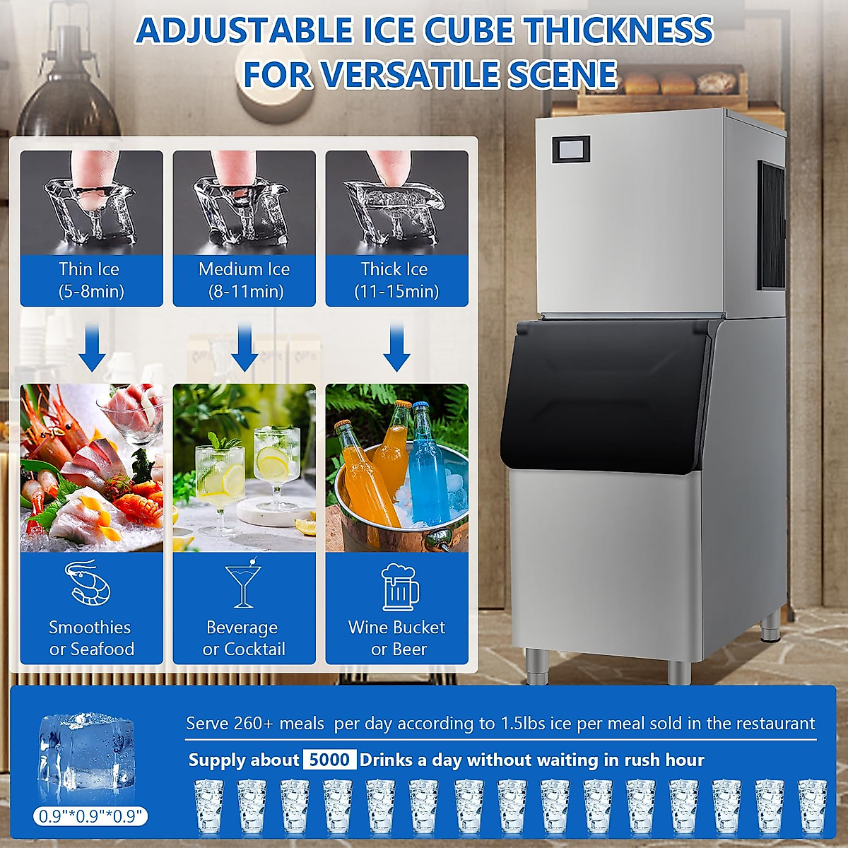 GarveeHome Commercial Ice Machine, 400Lbs Per Day with 350lbs Storage Bin, Stainless Steel Industrial Ice Cube Machine for Coffee Shop, Business Restaurant