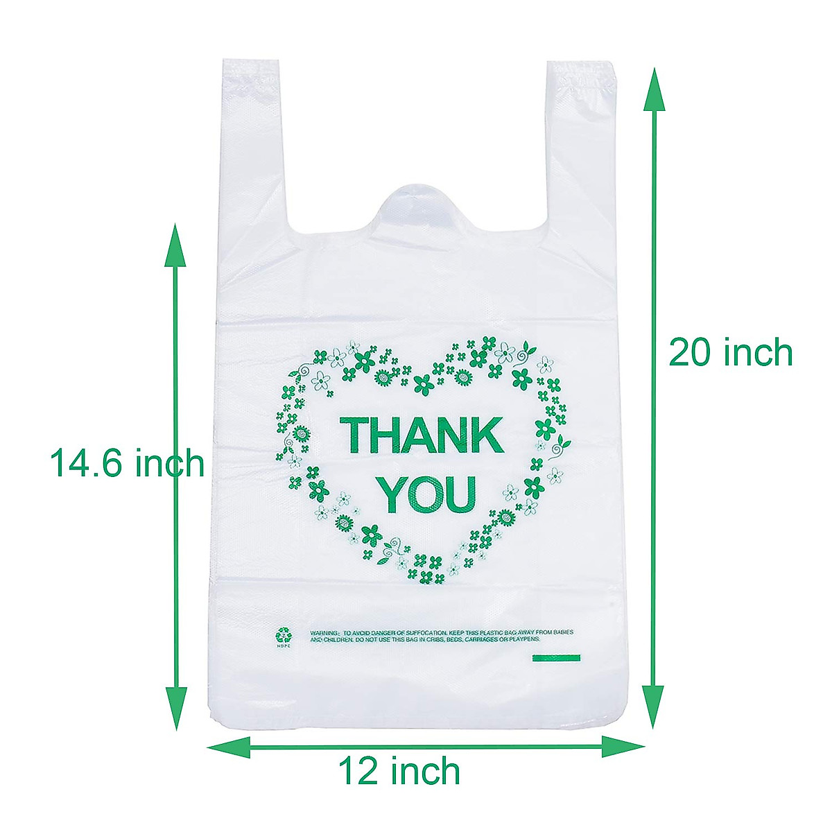LazyMe Thank You T Shirt Bags White Plastic Grocery Bags with Handles,Standard Supermarket Size, 12 x 20 inch (50 pcs)