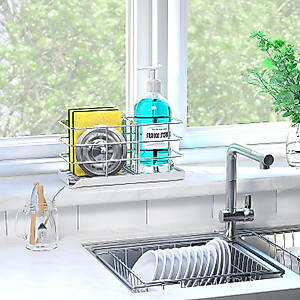 HJLIKE Sponge Holder for Sink,Stainless Steel Kitchen Sink Organizer Soap Dispenser Caddy Dish ,Sink Tray Drainer Rack Countertop Or Wall-Stick with Keep Dry, White