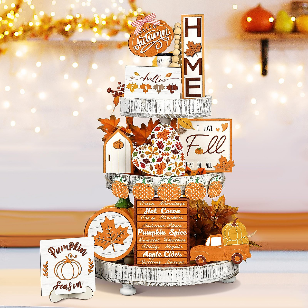 Amyhill 15 Pcs Thanksgiving Tiered Tray Decor Set Fall Tiered Tray Decor Rustic Pumpkin Maple Leaf Truck Table Centerpieces Harvest Wood Blocks Signs for Home Fall Decorations
