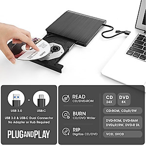 ROOFULL External CD DVD +/-RW Drive USB 3.0 & USB-C CD Burner DVD Player Reader Writer Optical Disc Drive with Carrying Case for Laptop Mac MacBook Pro/Air, Windows 11/10/8/7, Linux PC