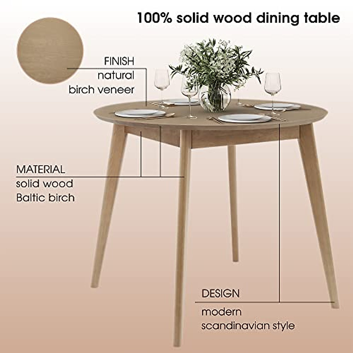 DAIVA CASA Orion 37 inch Round Wooden Dining Table Birch Circle Dinner Table Solid Wood Kitchen & Dining Room Tables/Scandinavian Furniture Mid Century Modern Table Brown Small Dining Room Table
