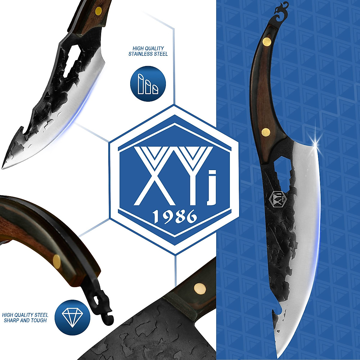 XYJ Authentic Since1986,Professional Knife Sets for Master Chefs,Camping Chef Knife Set with Bag,Sheath,Culinary Kitchen Butcher Meat Knives,Slicing Cooking Cutting,Full Tang,High Carbon Steel