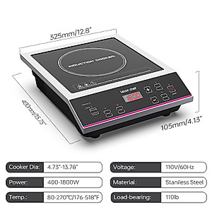 Lecon Chef Induction Cooktop 1800W Induction Burner Cooker Portable Commercial Countertop Burner Stove Stainless Steel Electric 10 Power&Temperature Levels Induction Range with 24-Hour Timer & Preset