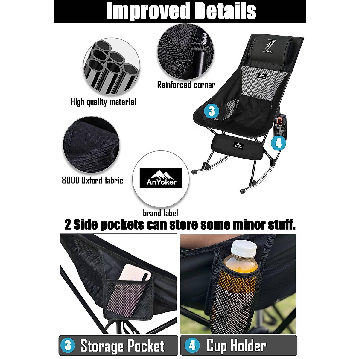 AnYoker Camping Chair, Compact Backpacking Chair, Portable Folding Chair, Beach Chair with Side Pocket and headrest, Lightweight Hiking ChairZZQH (Black)