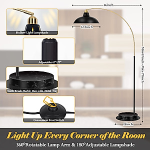 FILIYANO Arc Floor Lamp for Living Room, Marble Base Standing Lamp - Black Gold Floor Lamps with 360° Rotatable Arm, Industrial Tall Lamp Metal Material, Reading Lamp for Bedroom Couch Sofa Desk