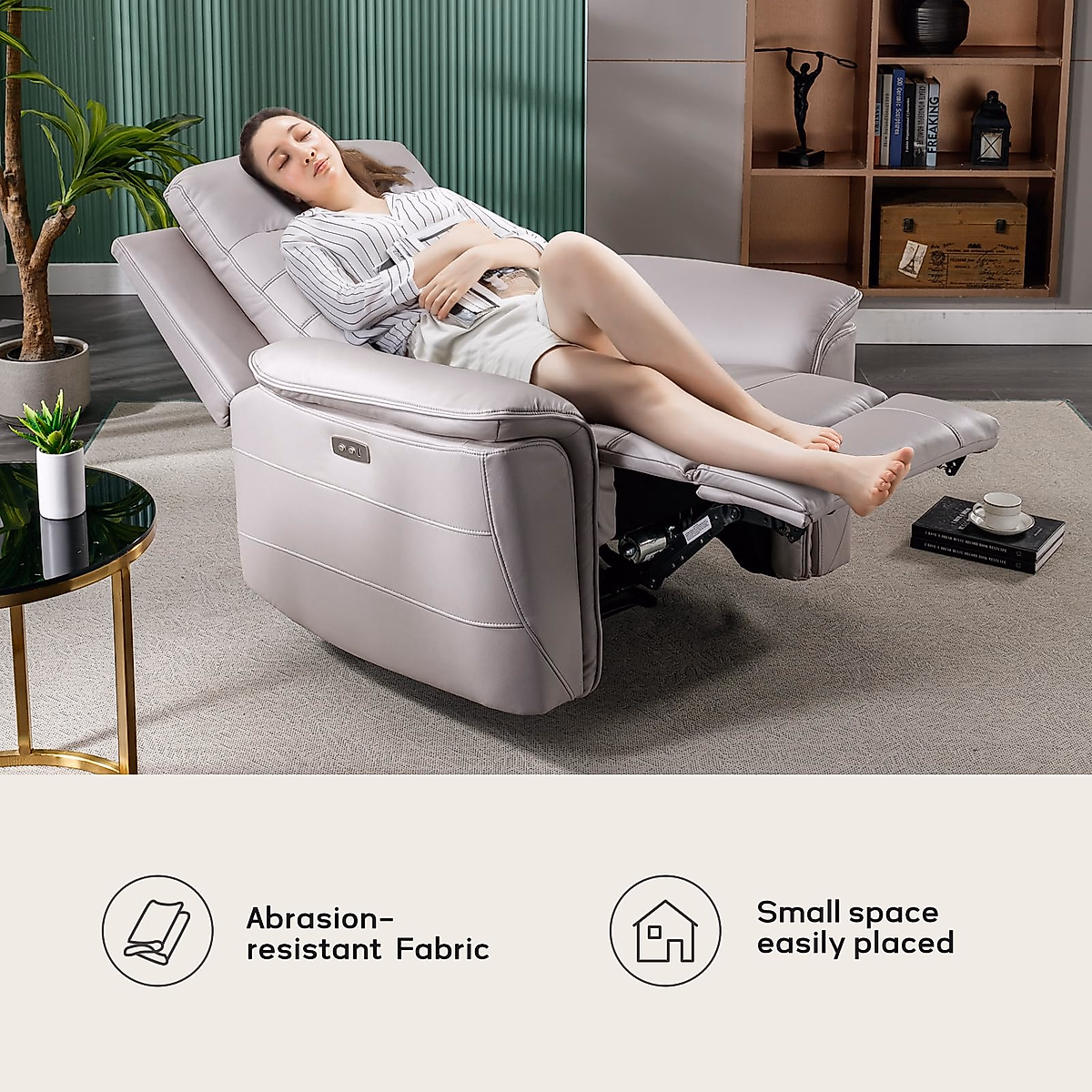 ANJ Power Recliner Chair, Modern Stripes Electric Recliners with USB Port, Upholstered Faux Leather Single Reclining Sofa Chair for Nursery Living Room Bedroom(Light Grey)