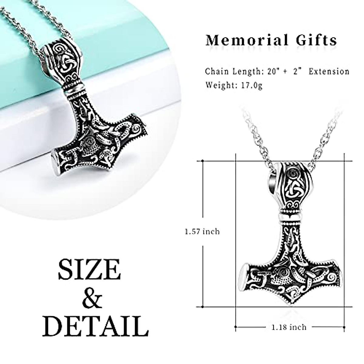shajwo Cremation Jewelry Viking Hammer Urn Necklace for Ashes for Men Women Celtic Nordic Mjolnir Thors Cremation Jewelry Keepsake Memorial Ashes Pendant,Silver