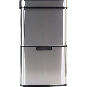 Hanover 62-Liter / 16.4-Gallon Dual Stainless Steel 62 Liter / 16.4 Gallon Hands Free Trash Can Garbage w/Recycling Bin, Fingerprint Resistant, Soft Close, Sensor Lid