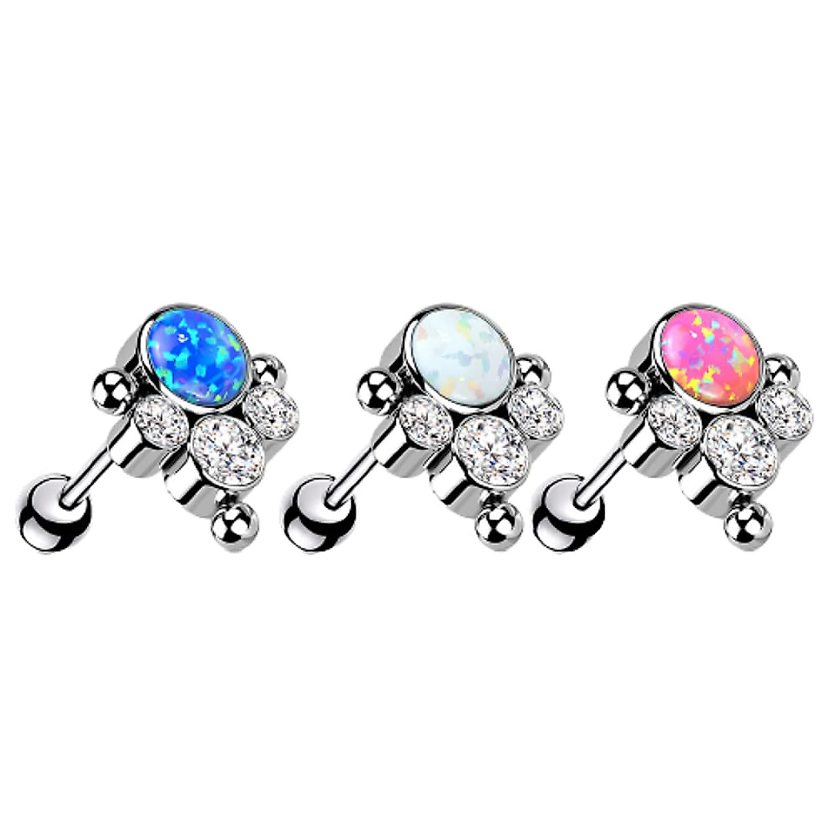 Pierced Owl 16GA G23 Implant Grade Titanium Synthetic Opal with CZ Crystal Ball Cluster Threadless Push-in Barbell (Blue)