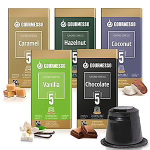 Gourmesso 50ct Flavored Espresso Pods | Int.5 | Proudly Fairtrade | Compatible with Nespresso Original Capsule Machines | Caramel Vanilla Chocolate Hazelnut Coconut