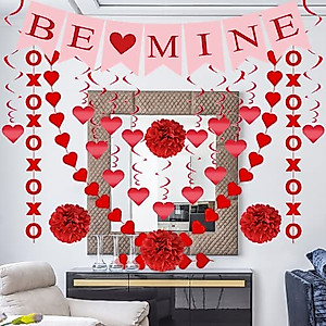 21Pcs Valentines Day Decorations Set Pre-Assembled Hanging Heart Swirls BE Mine Love Heart XO Garlands Banner for Home Classroom Office Wedding Party