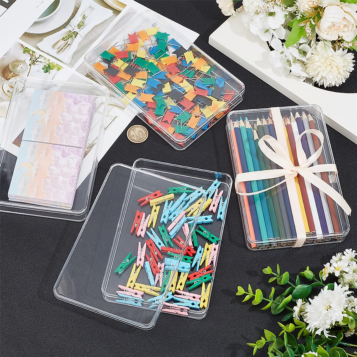 BENECREAT 4Pcs Acrylic Storage Boxes with Lids, 7x4.6x1inch Rectangle Storage Containers, Storage Display Box for Wedding, Party, Treats, Jewelry Accessories