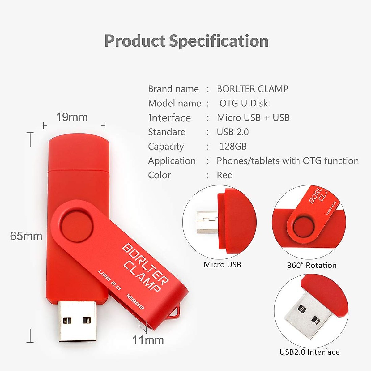 BorlterClamp 128GB USB Flash Drive Dual Port Memory Stick, OTG Thumb Drive with Micro USB Drive Port for Android Smartphone Tablet & Computer (Red)