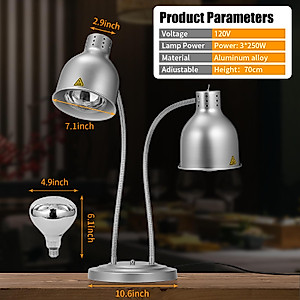 FRYPLS Food Heat Lamp,500W Commercial Grade Adjustable 2-Head Warmer Warming Light with 3- Bulbs,Stainless Free-Standing Catering Heating Lamp for Kitchen Cafeteria Restaurant Buffet