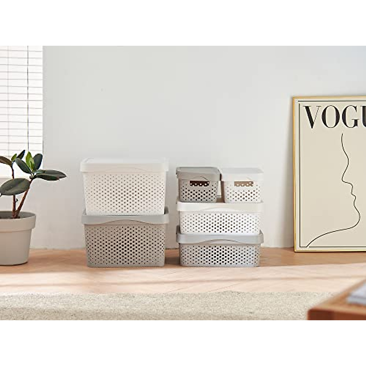 HANAMYA Lidded Storage Bin Organizer | Storage Organizing Container, 16 Liter, Set of 4, Gray