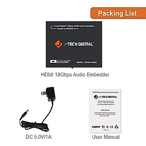 J-Tech Digital 18Gbps Digital/Analog Audio HDMI Embedder Inserter Support 4K@60Hz 4:4:4 HDR CEC HDCP2.2/1.4 with TOSLINK Optical 3.5mm Audio Input options [JTECH-18GAE]