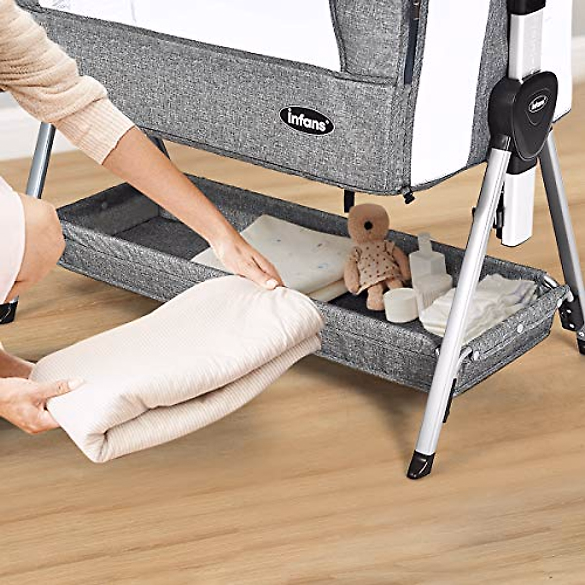 INFANS Baby Bassinet Bedside Crib, Newborn Sleeper w/Large Storage Basket, Adjustable Heights & Angle, Detachable &Washable Mattress, Breathable Mesh, Straps, Easy Moving Bed Side, Dark Grey