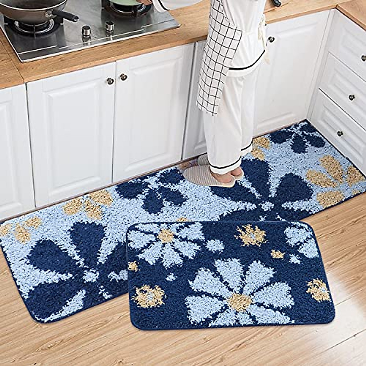 Kitchen Rug Set, 2-in-1 Kitchen Mat Anti-Fatigue Cushioned Kitchen Sink Floor Mat Super Absorbent Non Skid Easy to Clean Comfort Standing Kitchen Mat (Blue)