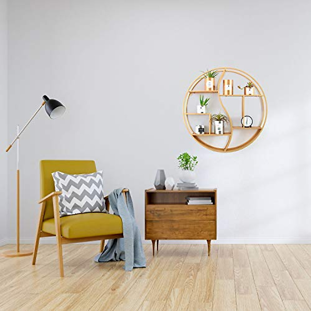 GLCS GLAUCUS Floating Shelves Wall Mounted,Rustic Decor Wood Wall Shelf Round Metal Wall Mount Display Organizer Holder for Home Decor,Gold