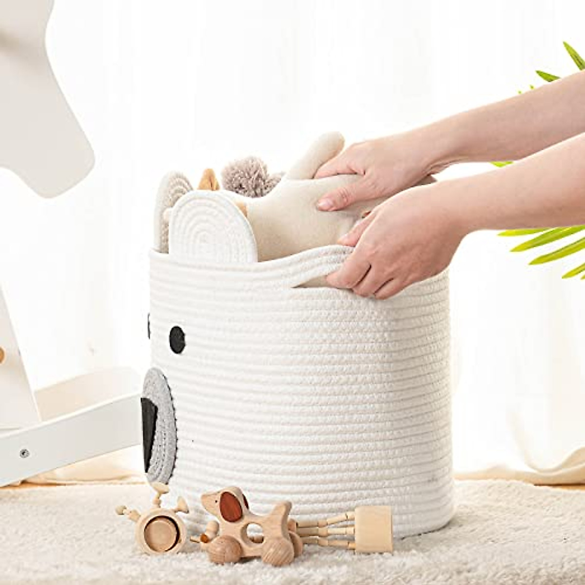 CherryNow Bear Basket, Cotton Rope Basket, Woven Laundry Hamper, Toy Storage Bin for Kids, Clothes in Bedroom, Baby Nursery & Living Room, 10'' (H) x 12'' (D)