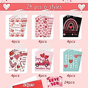 24 Pcs Valentines Day Gift Bags with Handle, Valentines Kraft Paper Bags with Tissue Paper, Treat Goodies Bag for Valentine's Day Party Favors Funny Gift Exchange Novelty Gift Giving Gift Wrapping