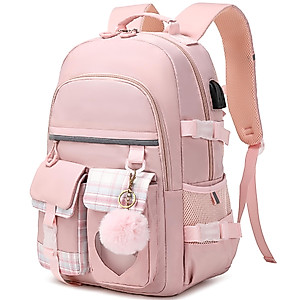 Makukke School Backpack for Girls, School Bag Kids Elementary College Backpacks Bookbags for Teen Girls Women Students Travel Daypack, Pink Backpack