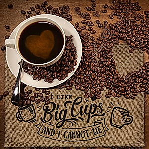 2 Pieces Waterproof Coffee Bar Mat -Big Cups/ Coffee Time, Burlap Coffee Maker Mat/Pad- Waterproof Coffee Station, Funny Coffee Lovers Gifts, Home Decor Parties Daily Use.