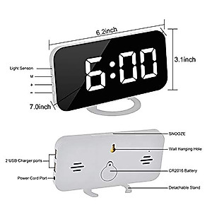 Digital Alarm Clock,7" LED Mirror Electronic Clocks,with 2 USB Charging Ports,Snooze Mode,Auto Adjust Brightness,Modern Desk Wall Clocks for Bedrooms Living Room Office - White