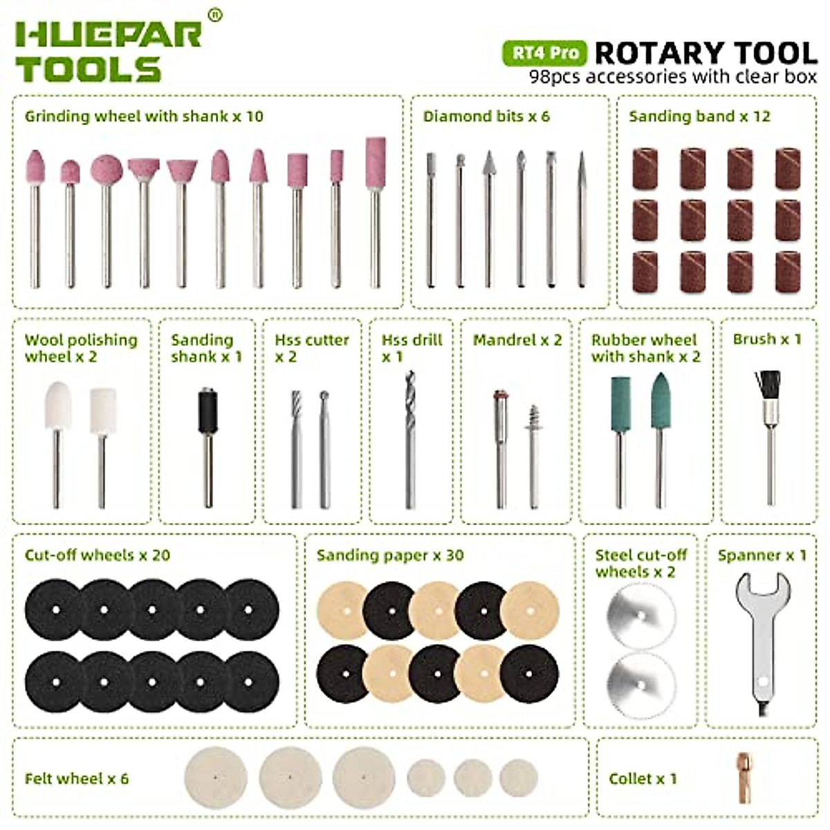 Huepar Tools Mini Cordless Rotary Tool with LED Light, 3-Speed Power Rotary Tool 5000-18000RPM with 98Pcs Accessories, 4V Rotary Tool for Sanding, Polishing, Drilling, Cleaning, DIY Crafts-RT4 PRO