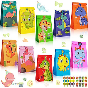 Containlol 30 Pack Dinosaur Party Gift Bags Little Dinosaur Goodie Candy Treat Bag with Matching Stickers Halloween Christmas Party Favor Bags for Kids Dinosaur Themed Birthday Baby Shower(Big Head)