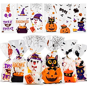 Labeol 150pcs Halloween Treat Bags, 5X11 Halloween Candy bags, Cellophane Bags Goodie Bags Party Favor Bags Clear Gift Bags Cookie Bags Trick or Treat Bags with Ties
