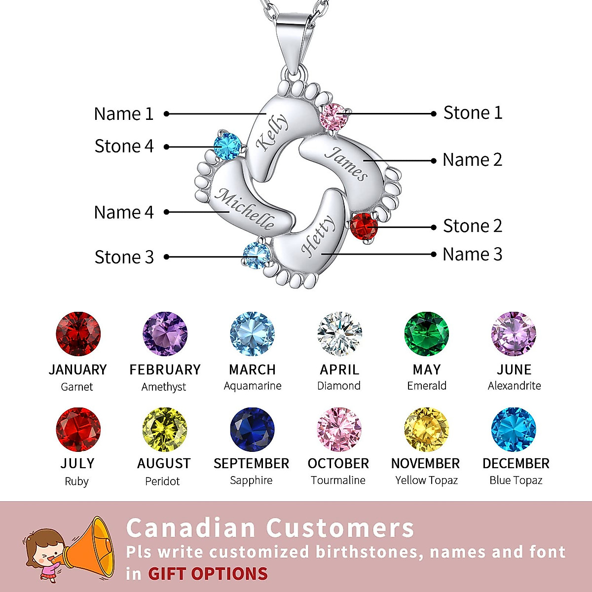 ChicSilver Sterling Silver Custom Feet Pendant Necklace for Women Personalized Mothers Necklace with 4 Simulated Birthstones 4 Names Engraved Mother Day Jewelry Gift for Mom Grandma