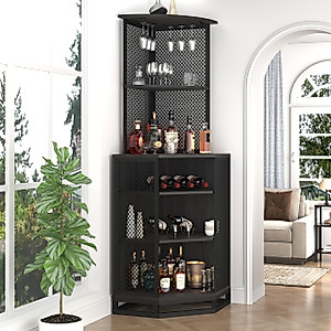 IBF Tall Corner Bar Cabinet, Large Wood and Metal Liquor Cabinet with Wine Rack, Industrial Corner Wine Cabinet with Adjustble Shelf Storage, Home Bar Unit for Kitchen Living Room, Dark Gray, 71 Inch