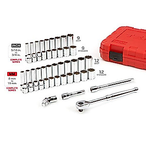 TEKTON 3/8 Inch Drive 12-Point Socket and Ratchet Set, 46-Piece (5/16-3/4 in., 8-19 mm) | SKT15302