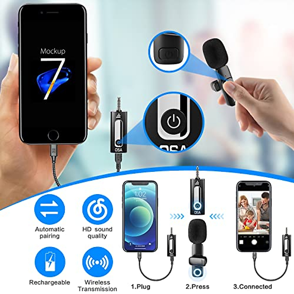 OSA Wireless Lavalier Microphone, wireless Microphone for iPhone, Android Phone, Camera, Clip-on Plug & Play Auto-sync and Noise Reduction for Video Recording, Interview