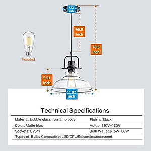 Zlepmlla Black Industrial Pendant Light Farmhouse 1-Light with Adjustable Cord, Clear Bubble Glass Shade,Rectangle Cute Hanging Lights for Hallway, Kitchen Island, Dinning Room