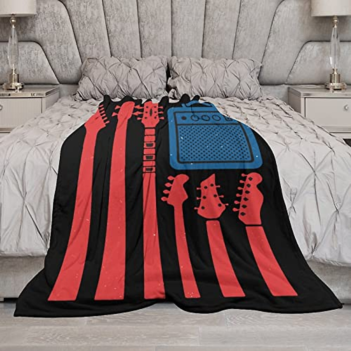 Rock N Roll USA Flag Flannel Fleece Throw Blanket Soft Warm Lightweight Fuzzy Plush Blankets for Bed Couch Sofa 70"x80"