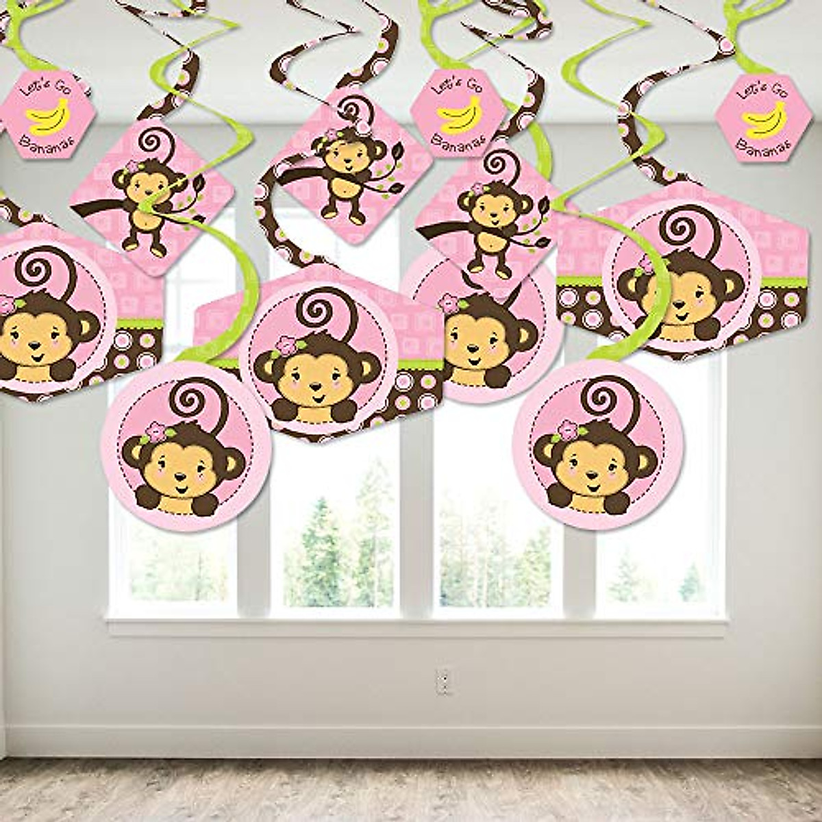 Big Dot of Happiness Pink Monkey Girl - Baby Shower or Birthday Party Hanging Decor - Party Decoration Swirls - Set of 40