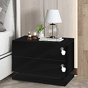 CNCEST Bedroom LED Nightstand, Modern High Gloss Nightstand Side End Table, Nightstand Storage Cabinet, Table Cabinet with 2 Drawers for Living Room Bedroom (Black-50x35x43cmcm)