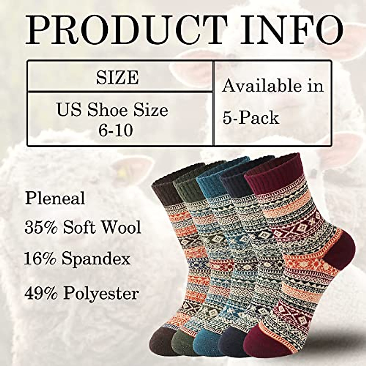 Loiyadn Loyaidn 5 Pairs Wool Socks for Women - Thick Soft Winter Socks for Women, Multicolored Winter Warm Boot Socks for Women Men