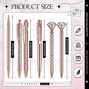 6 Pcs Rose Gold Ballpoint Pen Set Include Crystal Diamond Pen Slim Metal Ballpoint Pens Black Ink Stylus Pen Liquid Sand Pen Retractable Glitter Pen for Office School Gifts Wedding Party Supplies