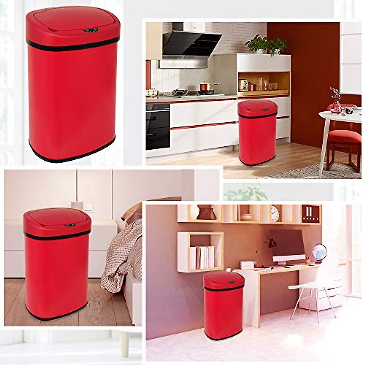 Kitchen Trash Can 13 Gallon,Stainless Steel Trash Can Touchless Garbage Can Large Trash Bin for Kitchen,Bathroom,Restroom,Office Automatic Garbage Bin,Red