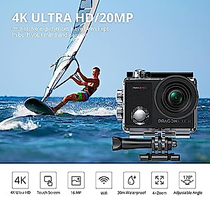 Dragon Touch 4K Underwater HD Action Camera, Vision 3 Pro Touch Screen 20MP 100FT Waterproof Video Camera Adjustable View Angle WiFi Sports Camcorder with Remote Control Helmet Accessories