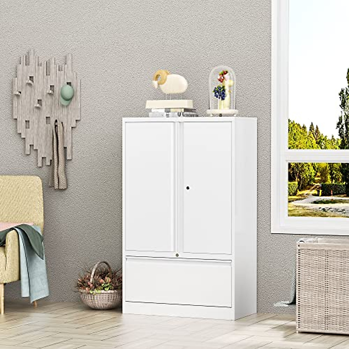LISSIMO File Cabinets,Filing Cabinet with Lock for Home Office,Lateral File Cabinet with Doors and Drawers for Hanging Files Letter/Legal/A4 Size Files(White)