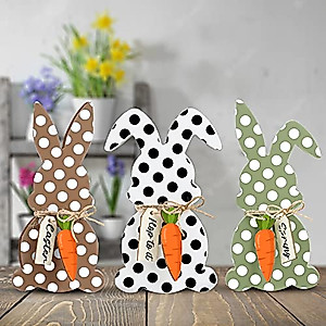 Home Decorations for Home-3 Pcs Spotted Bunny Wooden Sign Decor with Hemp Rope, Rabbit Shape Farmhouse Table Decor for Living Room, Dining Table, Party Desk