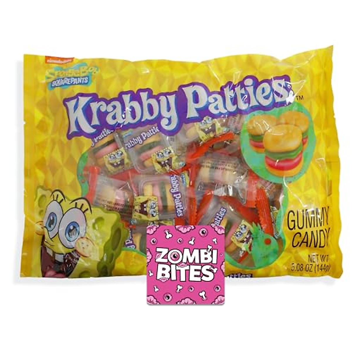 Burger Gummy Bundle. Includes One-5.08 Oz Bag of Spongebob SquarePants Krabby Patty Gummies Plus a Zombibites Fridge Magnet. Krabby Patty Gummies are Fat Free Gummy Candies!