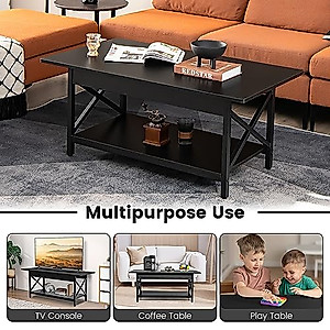 IFANNY Coffee Table, 44" Rectangle Cocktail Table with Storage Shelf, Industrial Accent Table with Metal Frame & Adjustable Foot Pads, Wood Center Table for Living Room, Home Office (Black)